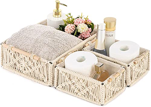 YOUDENOVA Macrame Storage Basket(Cream White, Set of 3), Decorative Hand Woven Boho Basket with Wooden Handles & Liner Cloth, Boho Bathroom Nursery Bedroom Living room Decor