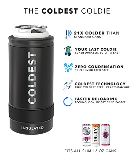 THE COLDEST Skinny Can Cooler - Vacuum Insulated Stainless Steel Slim Can Koozie - Sleeve for All 12oz Cans - Slim Can Holder for Beer, Soda, Hard Seltzer, Energy Drinks & more (Epic White)