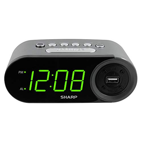 SHARP Digital Easy to Read Alarm Clock with 2 AMP High-Speed USB Charging Power Port - Charge Your Phone, Tablet with a high Speed Charge! Simple, Easy to Use Operation, Black – Green LEDs