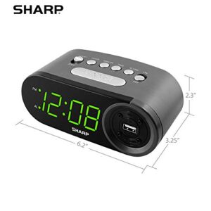 SHARP Digital Easy to Read Alarm Clock with 2 AMP High-Speed USB Charging Power Port - Charge Your Phone, Tablet with a high Speed Charge! Simple, Easy to Use Operation, Black – Green LEDs