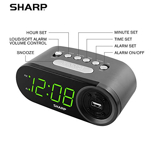 SHARP Digital Easy to Read Alarm Clock with 2 AMP High-Speed USB Charging Power Port - Charge Your Phone, Tablet with a high Speed Charge! Simple, Easy to Use Operation, Black – Green LEDs