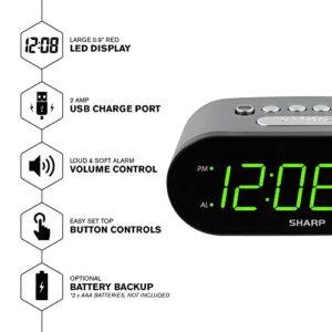 SHARP Digital Easy to Read Alarm Clock with 2 AMP High-Speed USB Charging Power Port - Charge Your Phone, Tablet with a high Speed Charge! Simple, Easy to Use Operation, Black – Green LEDs