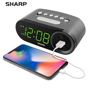 SHARP Digital Easy to Read Alarm Clock with 2 AMP High-Speed USB Charging Power Port - Charge Your Phone, Tablet with a high Speed Charge! Simple, Easy to Use Operation, Black – Green LEDs