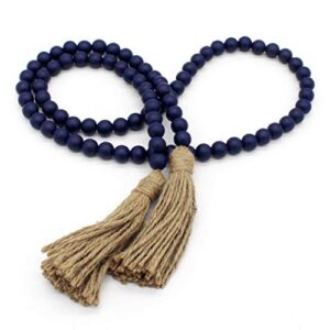 cvhomedeco. wood beads garland with tassels farmhouse rustic wooden prayer bead string wall hanging accent for home festival decor. navy blue