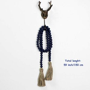 CVHOMEDECO. Wood Beads Garland with Tassels Farmhouse Rustic Wooden Prayer Bead String Wall Hanging Accent for Home Festival Decor. Navy Blue