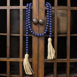 CVHOMEDECO. Wood Beads Garland with Tassels Farmhouse Rustic Wooden Prayer Bead String Wall Hanging Accent for Home Festival Decor. Navy Blue