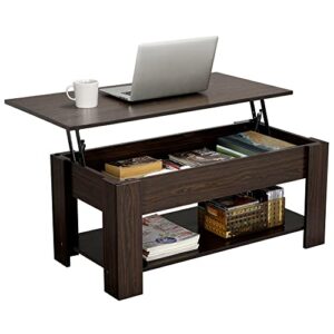 yaheetech lift top coffee table with hidden compartment and storage shelf, rising tabletop dining table for living room reception room, 38.6in l, espresso