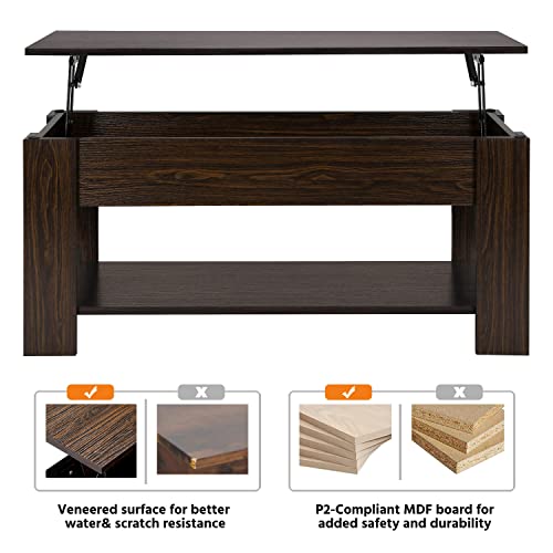 Yaheetech Lift Top Coffee Table with Hidden Compartment and Storage Shelf, Rising Tabletop Dining Table for Living Room Reception Room, 38.6in L, Espresso