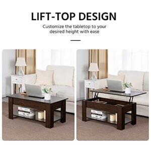 Yaheetech Lift Top Coffee Table with Hidden Compartment and Storage Shelf, Rising Tabletop Dining Table for Living Room Reception Room, 38.6in L, Espresso