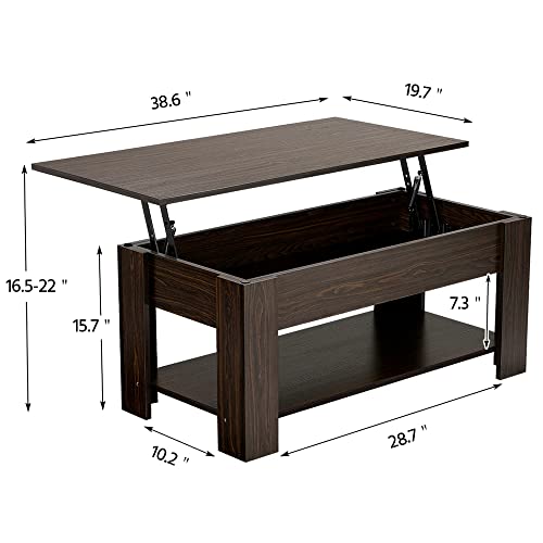 Yaheetech Lift Top Coffee Table with Hidden Compartment and Storage Shelf, Rising Tabletop Dining Table for Living Room Reception Room, 38.6in L, Espresso