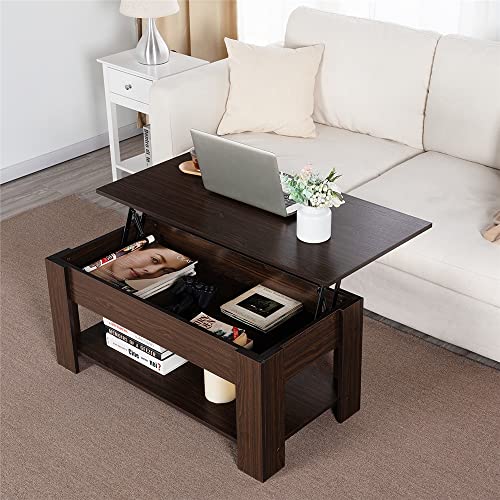 Yaheetech Lift Top Coffee Table with Hidden Compartment and Storage Shelf, Rising Tabletop Dining Table for Living Room Reception Room, 38.6in L, Espresso