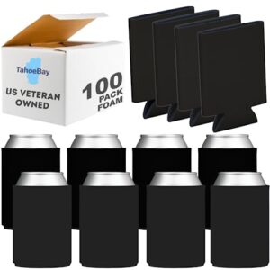 tahoebay bulk can coolers (100-pack) blank foam beer sleeves - insulated regular size cold soda drink holder pack - sublimation beverage sleeve insulators set for standard 12oz cans (black)