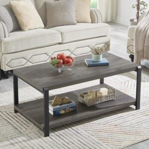 excefur coffee table with storage shelf,rustic wood and metal cocktail table for living room,grey