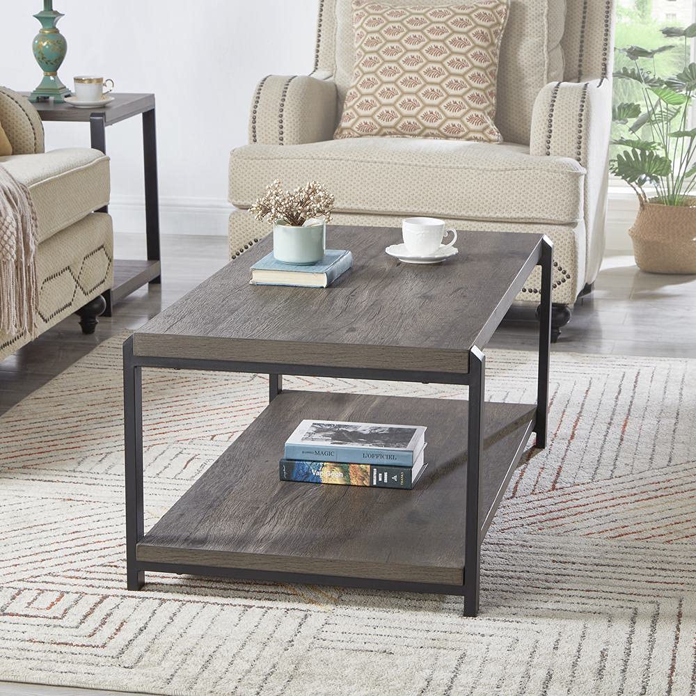 EXCEFUR Coffee Table with Storage Shelf,Rustic Wood and Metal Cocktail Table for Living Room,Grey