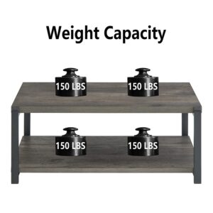 EXCEFUR Coffee Table with Storage Shelf,Rustic Wood and Metal Cocktail Table for Living Room,Grey