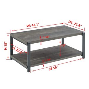 EXCEFUR Coffee Table with Storage Shelf,Rustic Wood and Metal Cocktail Table for Living Room,Grey