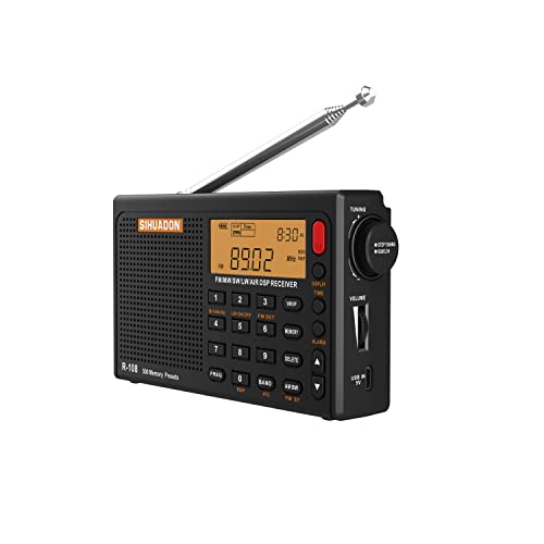 SIHUADON R108 Portable Radio AM FM SW LW Airband Full Band DSP Radio Battery Operated with Headphone Antenna Jack Sleep Time and Alarm Clock 500 Memory Preset for Parents by RADIWOW (Black)