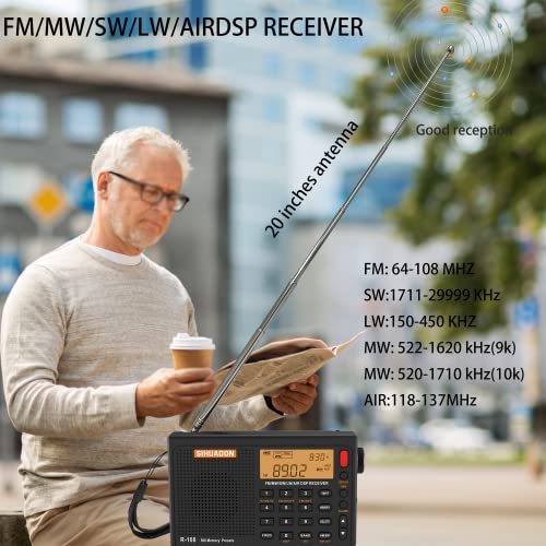 SIHUADON R108 Portable Radio AM FM SW LW Airband Full Band DSP Radio Battery Operated with Headphone Antenna Jack Sleep Time and Alarm Clock 500 Memory Preset for Parents by RADIWOW (Black)