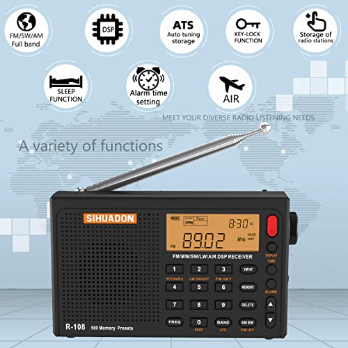 SIHUADON R108 Portable Radio AM FM SW LW Airband Full Band DSP Radio Battery Operated with Headphone Antenna Jack Sleep Time and Alarm Clock 500 Memory Preset for Parents by RADIWOW (Black)