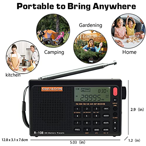 SIHUADON R108 Portable Radio AM FM SW LW Airband Full Band DSP Radio Battery Operated with Headphone Antenna Jack Sleep Time and Alarm Clock 500 Memory Preset for Parents by RADIWOW (Black)