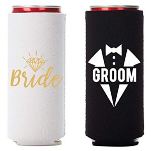 Bride and Groom Gifts Can Coolers, Set of 2, 1 White and 1 Black Beer Can Coolies, Cute Wedding Gifts, Novelty Can Cooler, Perfect Engagement or Gift, Bridal Shower Gift (Slim)