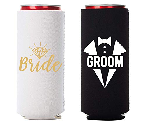 Bride and Groom Gifts Can Coolers, Set of 2, 1 White and 1 Black Beer Can Coolies, Cute Wedding Gifts, Novelty Can Cooler, Perfect Engagement or Gift, Bridal Shower Gift (Slim)