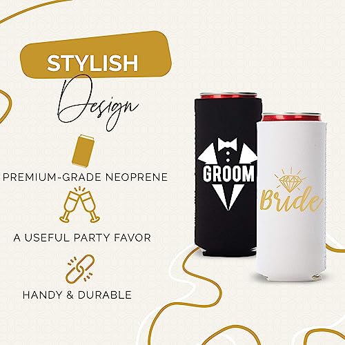 Bride and Groom Gifts Can Coolers, Set of 2, 1 White and 1 Black Beer Can Coolies, Cute Wedding Gifts, Novelty Can Cooler, Perfect Engagement or Gift, Bridal Shower Gift (Slim)