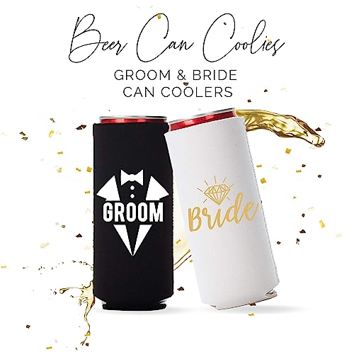 Bride and Groom Gifts Can Coolers, Set of 2, 1 White and 1 Black Beer Can Coolies, Cute Wedding Gifts, Novelty Can Cooler, Perfect Engagement or Gift, Bridal Shower Gift (Slim)