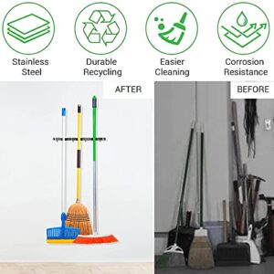 Broom Mop Holder Wall Mounted - Stainless Steel - Closet Storage Organizer For A Clean Home- Strong Heavy Duty 3m Self Adhesive Tape For Easy Installation- Utility Hooks For Everyday Tool Organization