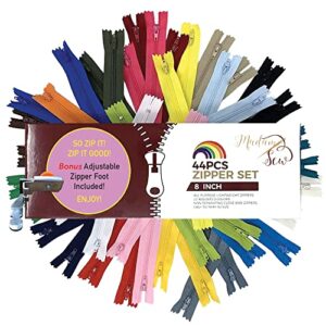 madam sew 44pcs 8 inch zippers for sewing garments – bulk zippers with plastic coil teeth, heavy duty metal zipper pulls and nylon tapes – colorful closed end, non-separating zippers in 22 colors