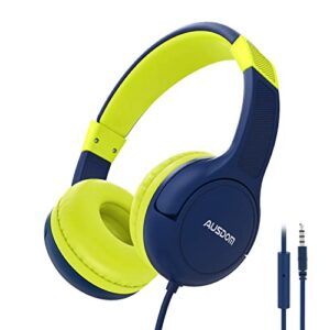 ausdom kids headphones, wired headphones for kids with microphone on ear kids headphones for school kids headset volume limiter 85db tangle-free 3.5mm jack for ipad, tablet, boys, girls, school,green