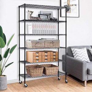 metal shelf 6 tier heavy duty storage shelves wire shelving unit with wheels, nsf standing shelf units,wire rack height adjustable utility commercial grade rolling steel rack,48" x 18" x 82",black