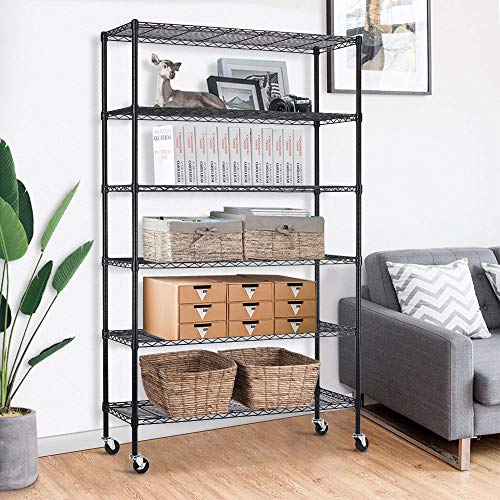 Metal Shelf 6 Tier Heavy Duty Storage Shelves Wire Shelving Unit with Wheels, NSF Standing Shelf Units,Wire Rack Height Adjustable Utility Commercial Grade Rolling Steel Rack,48" x 18" x 82",Black