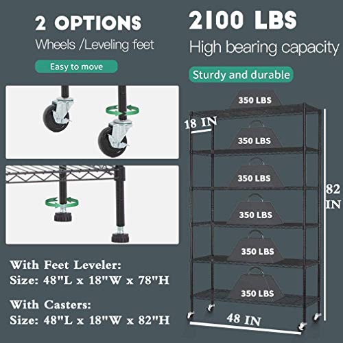 Metal Shelf 6 Tier Heavy Duty Storage Shelves Wire Shelving Unit with Wheels, NSF Standing Shelf Units,Wire Rack Height Adjustable Utility Commercial Grade Rolling Steel Rack,48" x 18" x 82",Black