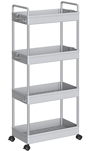 SOLEJAZZ Rolling Storage Cart, 4 Tier Bathroom Organizer Slide Out Utility Cart, Mobile Shelving Unit Organizer Standing Rack for Kitchen, Bathroom, Laundry Room, Gray