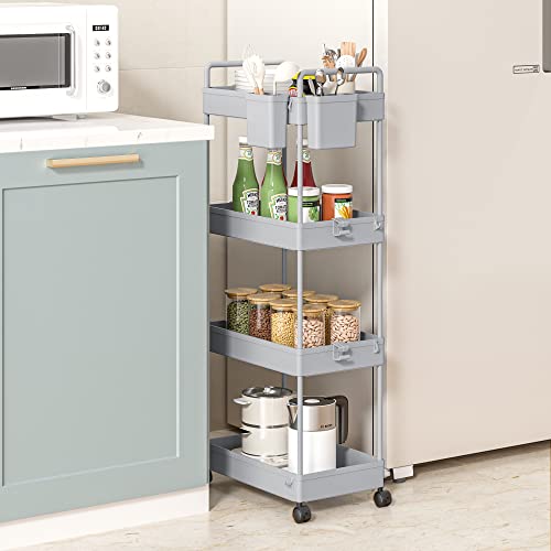 SOLEJAZZ Rolling Storage Cart, 4 Tier Bathroom Organizer Slide Out Utility Cart, Mobile Shelving Unit Organizer Standing Rack for Kitchen, Bathroom, Laundry Room, Gray