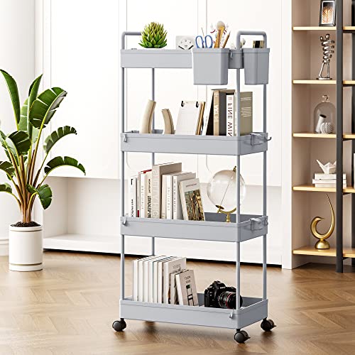 SOLEJAZZ Rolling Storage Cart, 4 Tier Bathroom Organizer Slide Out Utility Cart, Mobile Shelving Unit Organizer Standing Rack for Kitchen, Bathroom, Laundry Room, Gray