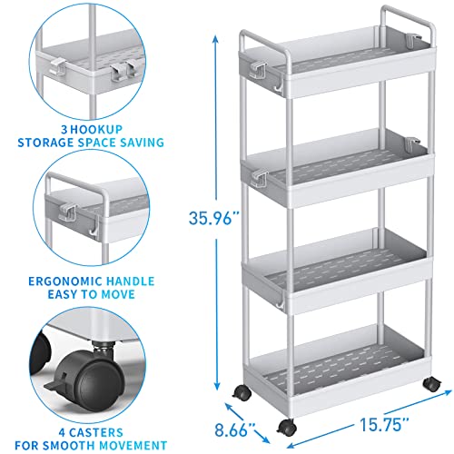 SOLEJAZZ Rolling Storage Cart, 4 Tier Bathroom Organizer Slide Out Utility Cart, Mobile Shelving Unit Organizer Standing Rack for Kitchen, Bathroom, Laundry Room, Gray