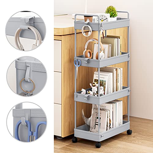 SOLEJAZZ Rolling Storage Cart, 4 Tier Bathroom Organizer Slide Out Utility Cart, Mobile Shelving Unit Organizer Standing Rack for Kitchen, Bathroom, Laundry Room, Gray