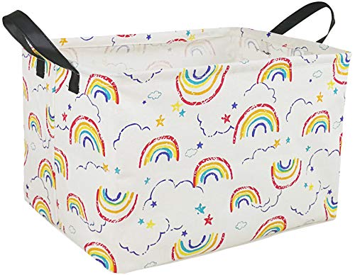 HUAYEE Colorful Rainbow Rectangular Storage Bin Shelf Basket Canvas Fabric Toy Box,Waterproof Coating Nursery Hamper with Handles,Gift Basket for Home,Office,Clothes,Books(Rainbow)