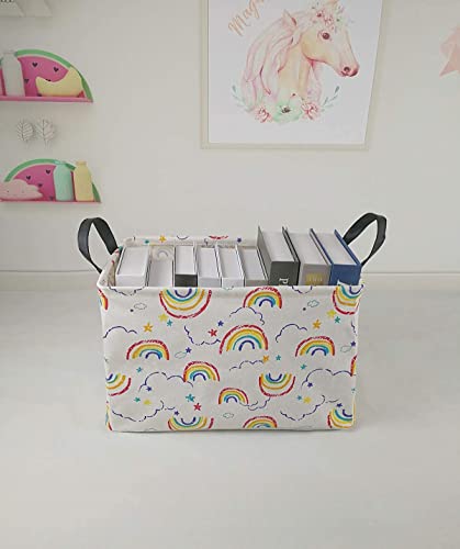 HUAYEE Colorful Rainbow Rectangular Storage Bin Shelf Basket Canvas Fabric Toy Box,Waterproof Coating Nursery Hamper with Handles,Gift Basket for Home,Office,Clothes,Books(Rainbow)