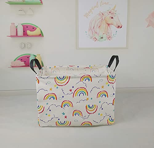 HUAYEE Colorful Rainbow Rectangular Storage Bin Shelf Basket Canvas Fabric Toy Box,Waterproof Coating Nursery Hamper with Handles,Gift Basket for Home,Office,Clothes,Books(Rainbow)