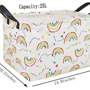 HUAYEE Colorful Rainbow Rectangular Storage Bin Shelf Basket Canvas Fabric Toy Box,Waterproof Coating Nursery Hamper with Handles,Gift Basket for Home,Office,Clothes,Books(Rainbow)