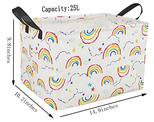 HUAYEE Colorful Rainbow Rectangular Storage Bin Shelf Basket Canvas Fabric Toy Box,Waterproof Coating Nursery Hamper with Handles,Gift Basket for Home,Office,Clothes,Books(Rainbow)