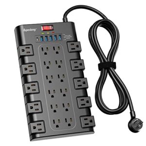 power strip, superdanny surge protector with 22 ac outlets and 6 usb charging ports, 1875w/15a, 2100 joules, 6.5ft flat plug heavy duty extension cord for home, office, dorm, gaming room, black