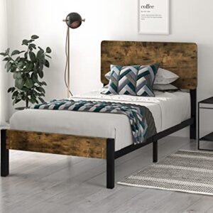 SHA CERLIN Twin Size Metal Platform Bed Frame with Wooden Headboard and Footboard/Rustic Mattress Foundation/No Box Spring Needed/Non-Slip Without Noise/Black&Brown