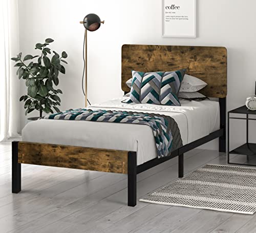 SHA CERLIN Twin Size Metal Platform Bed Frame with Wooden Headboard and Footboard/Rustic Mattress Foundation/No Box Spring Needed/Non-Slip Without Noise/Black&Brown