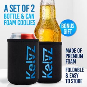 KelvZ Can Cooler Insulated Beer & Soda Can Cooler with 2 Foam Sleeves - Stainless Steel Can Cooler for Cold Drinks, 12 Oz Can Cooler & Beer Can Holder - Fits Standard 12oz Cans & Bottles - Black