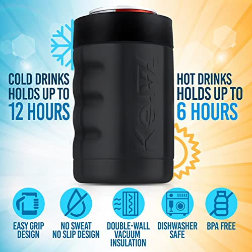 KelvZ Can Cooler Insulated Beer & Soda Can Cooler with 2 Foam Sleeves - Stainless Steel Can Cooler for Cold Drinks, 12 Oz Can Cooler & Beer Can Holder - Fits Standard 12oz Cans & Bottles - Black