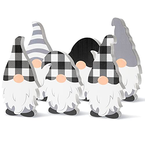 3pcs Black&White Gnome Wooden Sign Plaid Gnome Wooden Freestanding Table Decoration Double Printed Gnome Tabletop Centerpiece Ornament for Home Party Desk Office Decoration